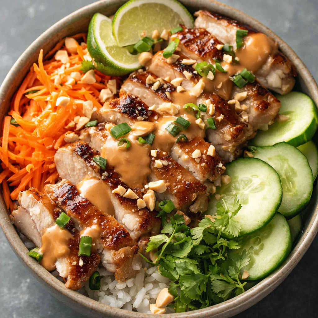 Thai Peanut Chicken Bowl with Creamy Sauce and Fresh Vegetables ...